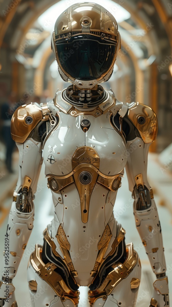 Leaping through a futuristic space station corridor, a humanoid robot ...