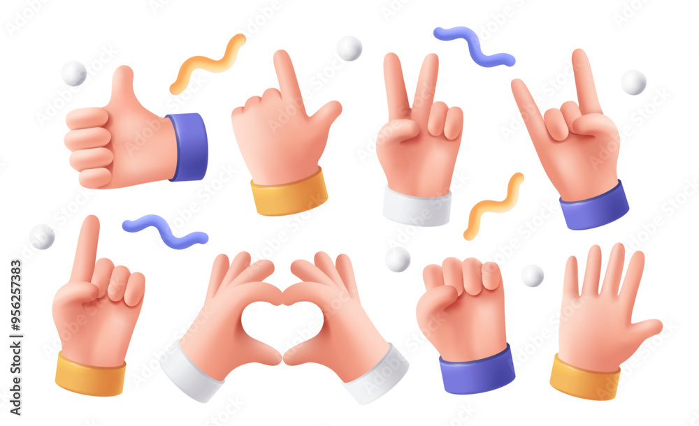 3d hand gestures icon set. Funny arm expressing different emotions. Thumbs up, palm, peace sign ...