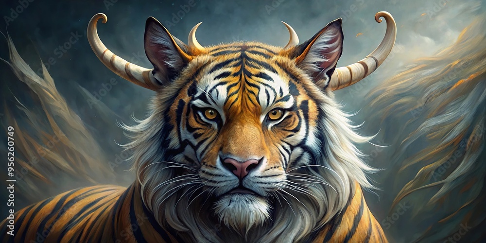 Dragonlike Bengal tiger with horns and beard Stock Illustration | Adobe ...