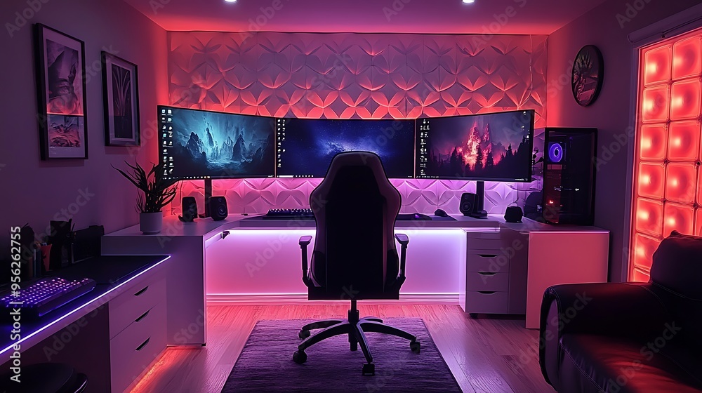 A dynamic RGB gaming room, with vibrant, customizable lighting that ...