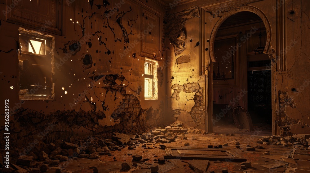 nighttime interior of a war torn Middle Eastern building detailed ...