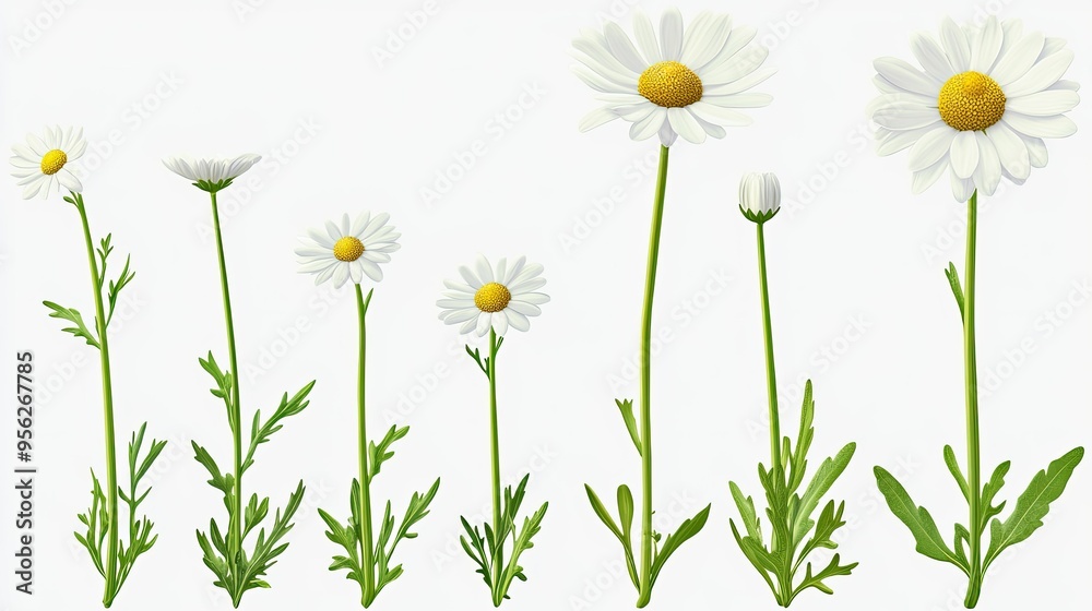 Sequential stages of a daisy's growth, from seedling to full bloom ...