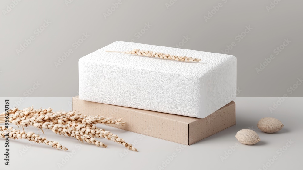 A rice box mockup with a detailed imprint of wheat grains and husks ...
