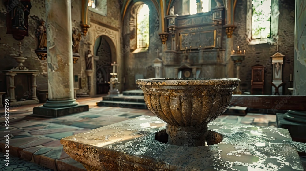 Stone vessel for holy water in the church Christianity and six hoary on ...