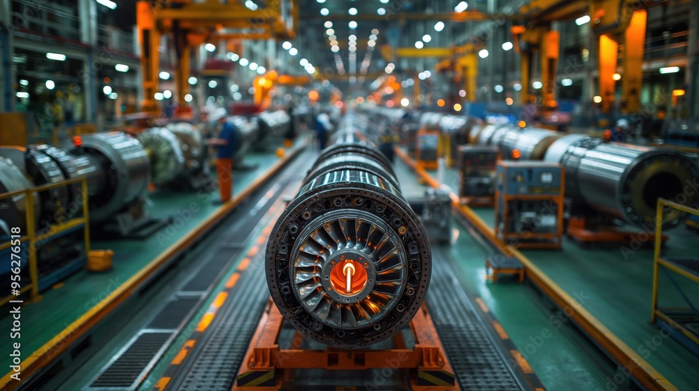 Jet Engine Manufacturing at Aerospace Facility. View of a jet engine ...