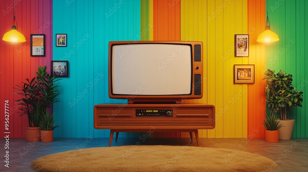 vintage retro object mock-up, 1970s TV set, blank screen, wooden casing ...