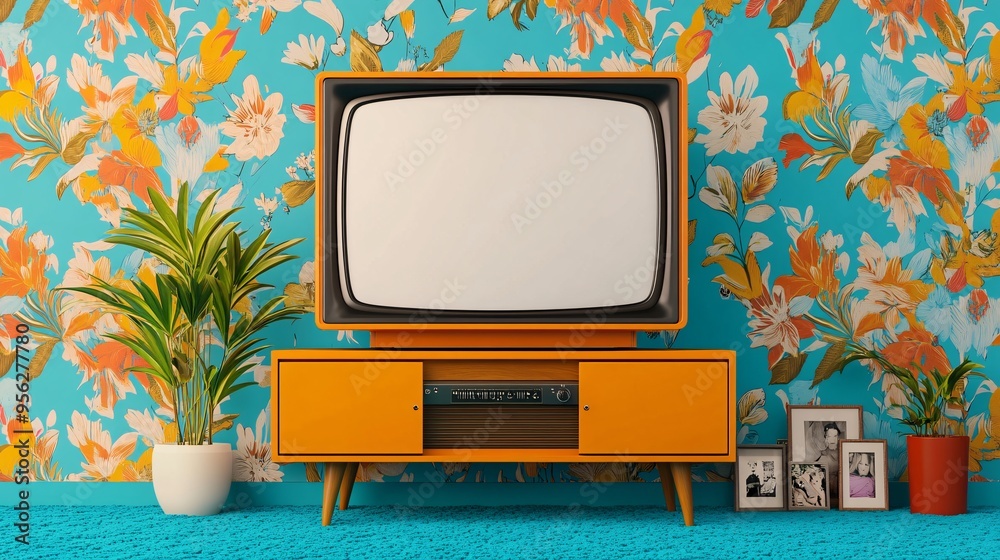 vintage retro object mock-up, 1970s TV set, blank screen, wooden casing ...