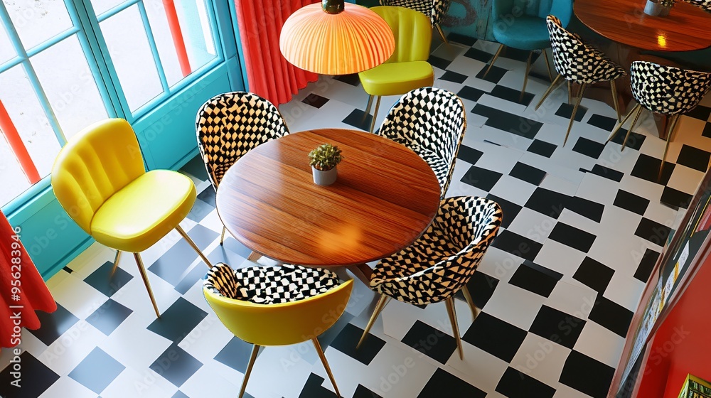 retro style, colorful retro dining chairs, patterned fabric with wooden ...