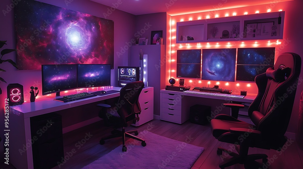 A space odyssey gaming room, featuring walls covered in cosmic art ...
