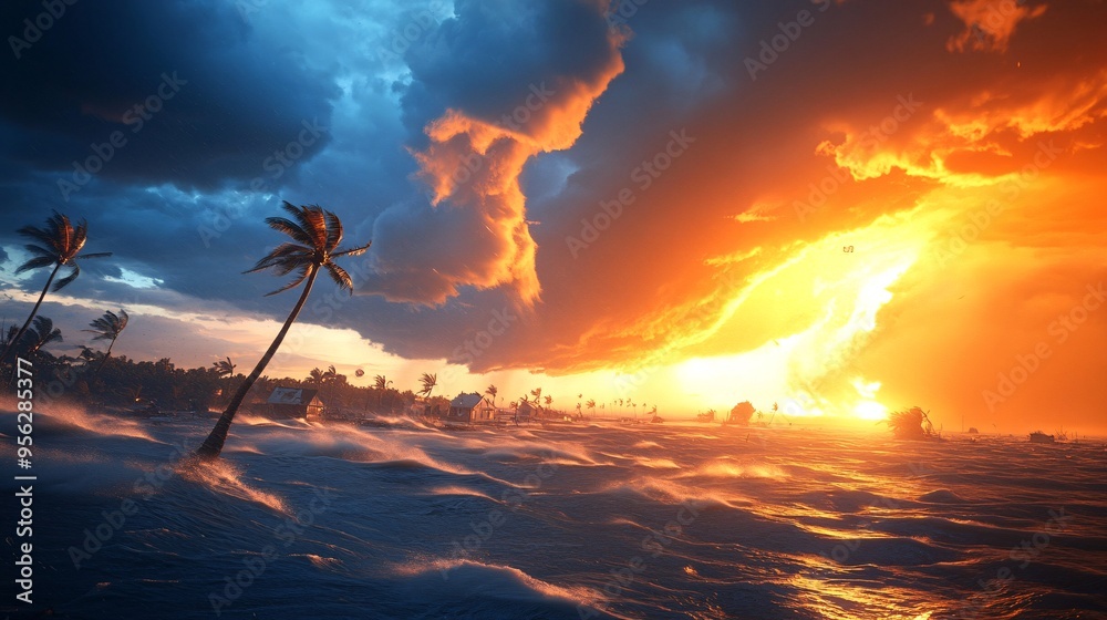 Realistic depiction of a tropical cyclone hitting an island, with high ...