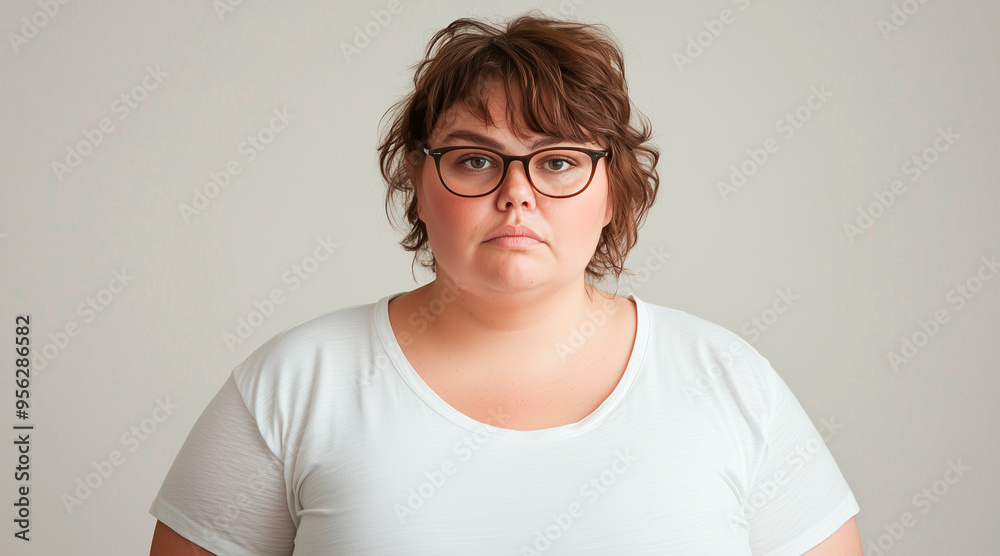candid photo of aN obese woman in his mid forties, glasses, big ...