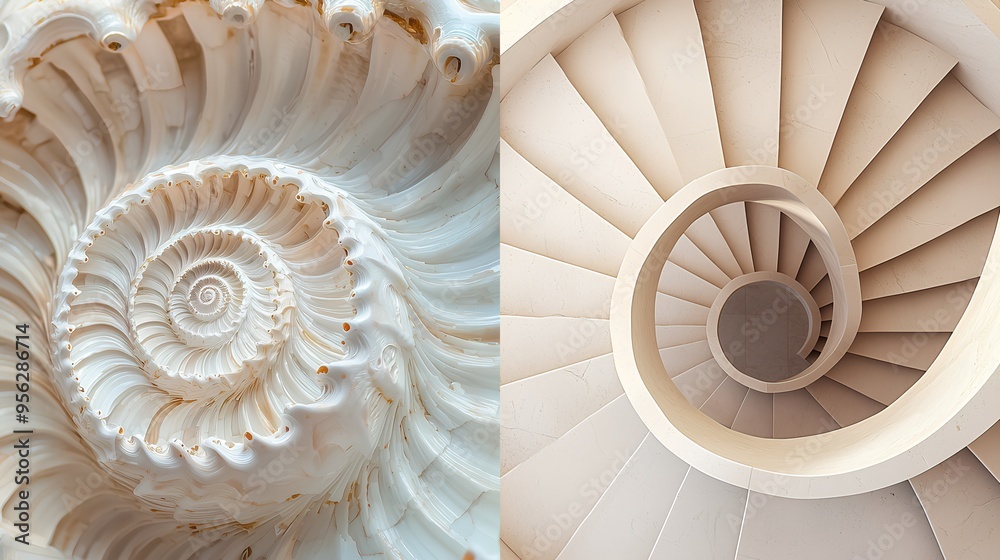 Nautilus shell and spiral staircase illustrating biomimicry in design ...