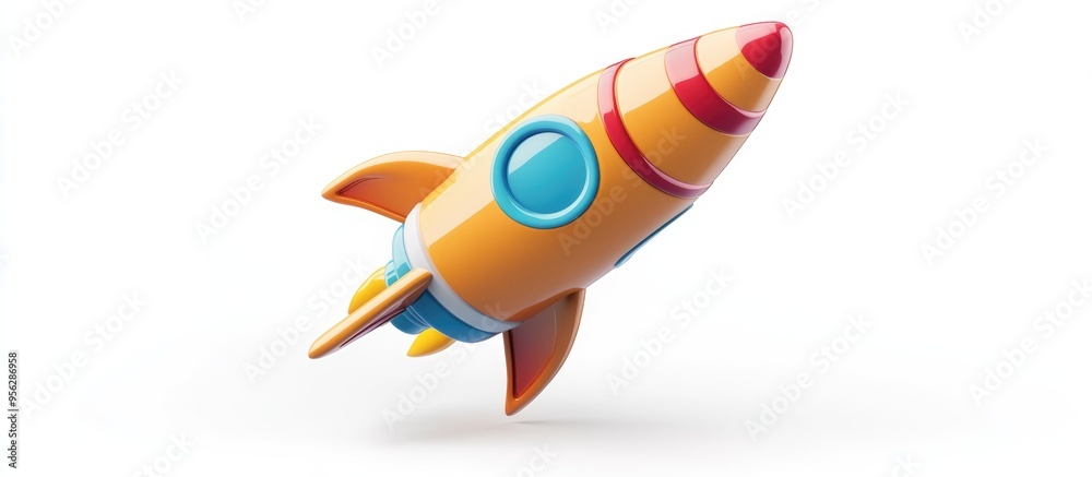 Flying business rocket in a 3D cartoon rendering on a white background ...
