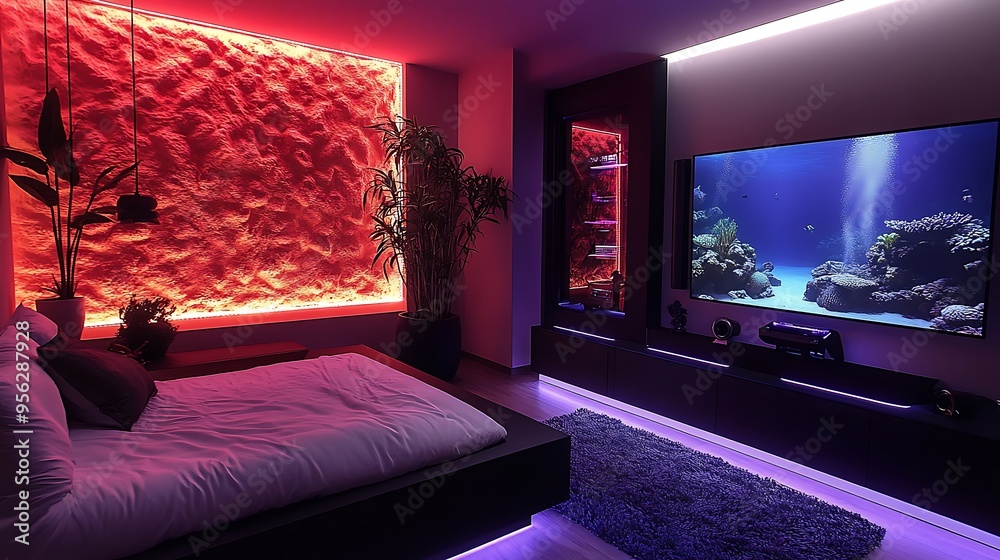 A tranquil gaming room with an underwater theme, featuring blue LED ...