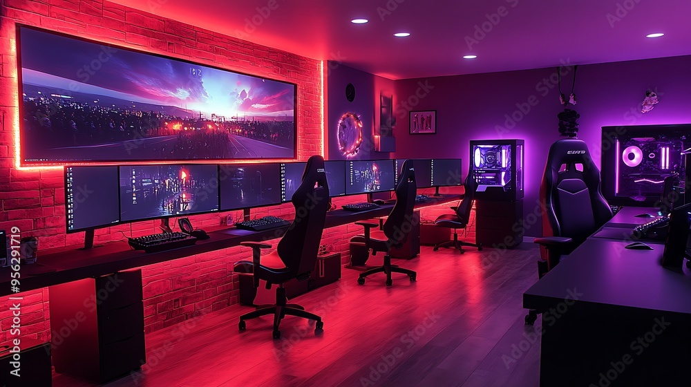An esports arena-inspired gaming room, featuring a row of sleek gaming ...