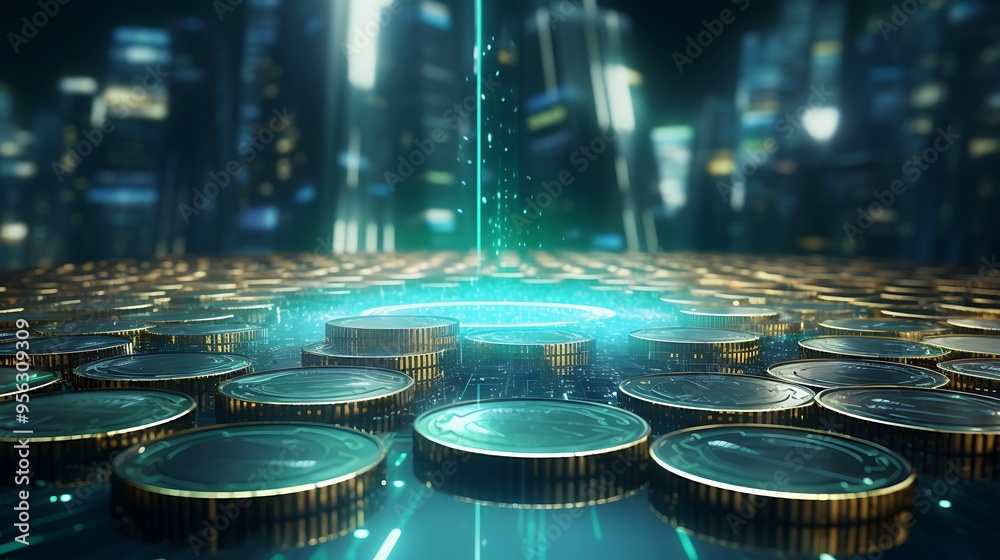 A conceptual image of coins digitizing and transforming into futuristic ...