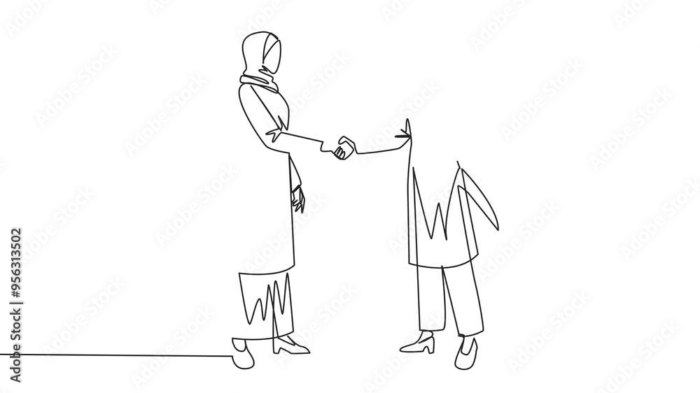 Animated self drawing of single one line drawing two Arab businesswomen ...