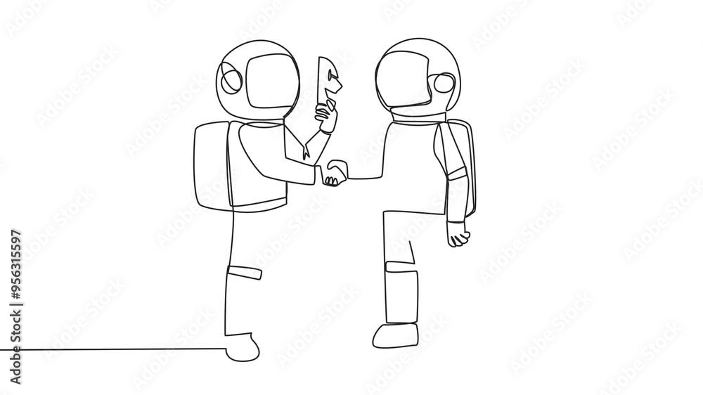 Self drawing animation of single continuous line drawing two astronauts shaking hands. One of ...