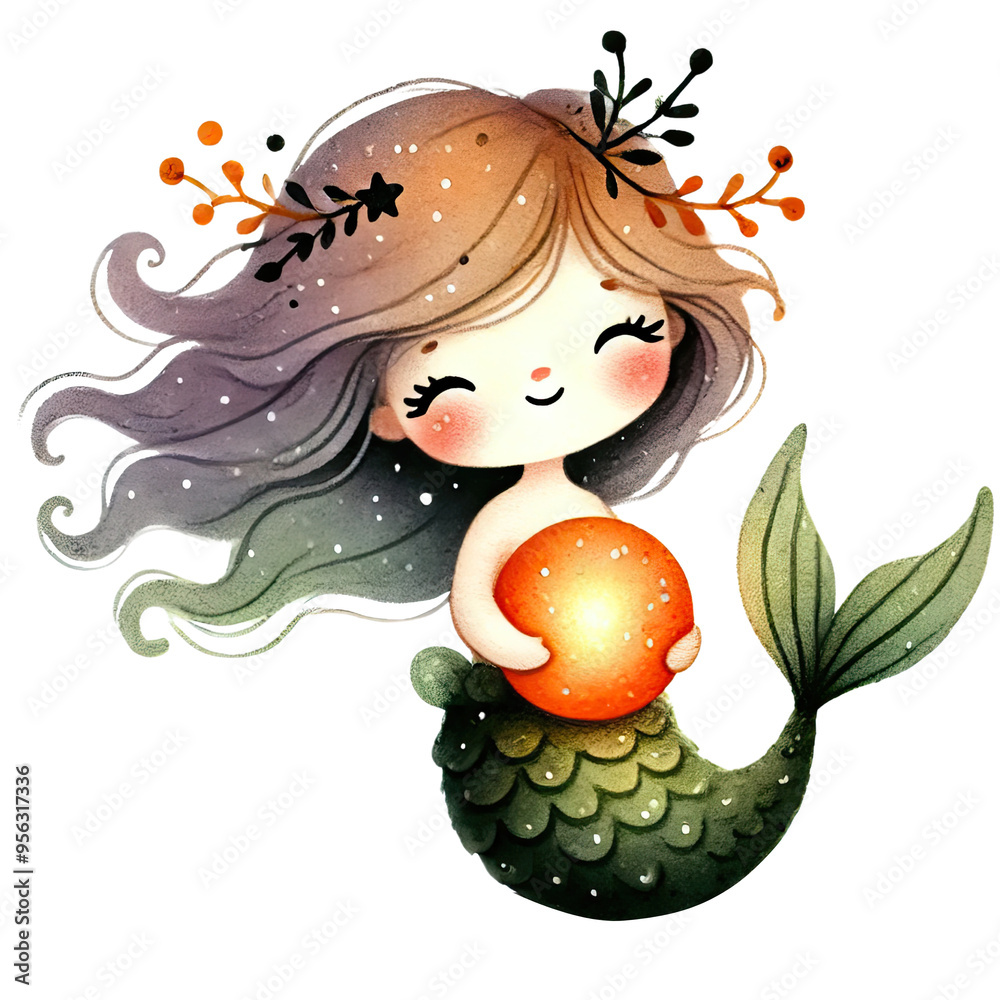 Cute cartoon mermaid holding glowing orb, perfect for whimsical ...