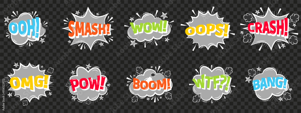Emotions for comics speech bubble, set with text: Bang and Smash, Wtf ...