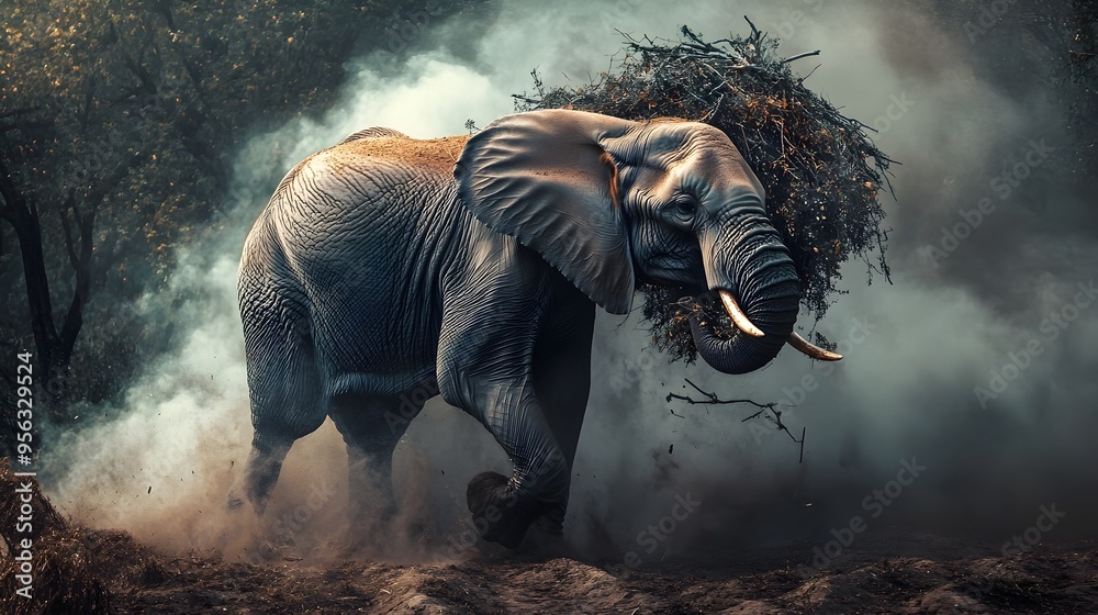 A magnificent elephant forcefully breaking branches with its strong and ...