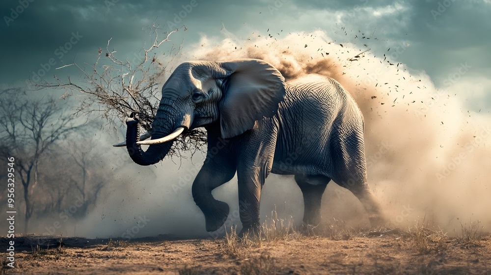 Powerful elephant breaking and crushing thick branches with its mighty ...