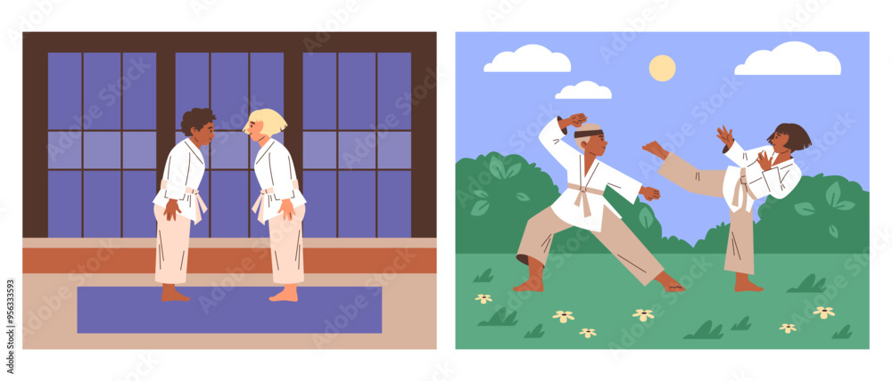 Collection vector illustrations boys and girls in a pre-fight bow scene ...