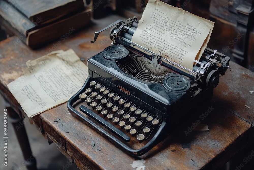An antique typewriter with aged paper sheets on a rustic desk ...