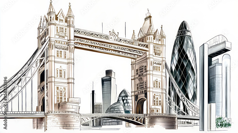 Stylized illustration of London's Tower Bridge with The Shard and city ...