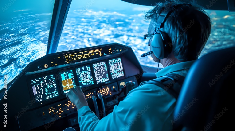 A pilot executing emergency procedures during a flight simulation ...