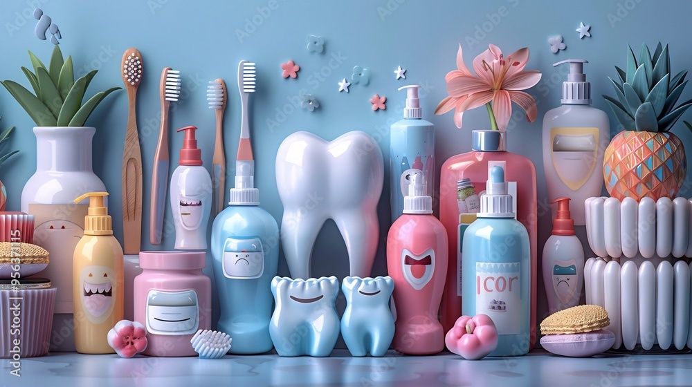 Conceptual image of dental hygiene routines featuring items like ...