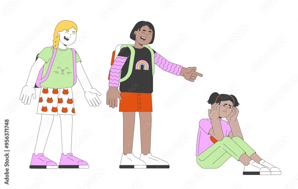 Cruel classmates laughing at depressive girl 2D cartoon characters ...