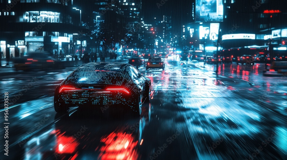 An autonomous vehicle glides through a bustling urban environment at ...