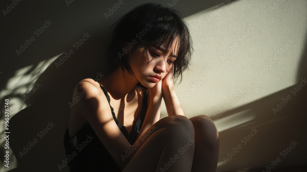 Asian woman sitting on the floor in a corner, knees pulled to her chest ...