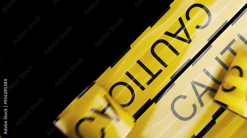 Rolling out a lot of warning tapes with yellow and black diagonal ...