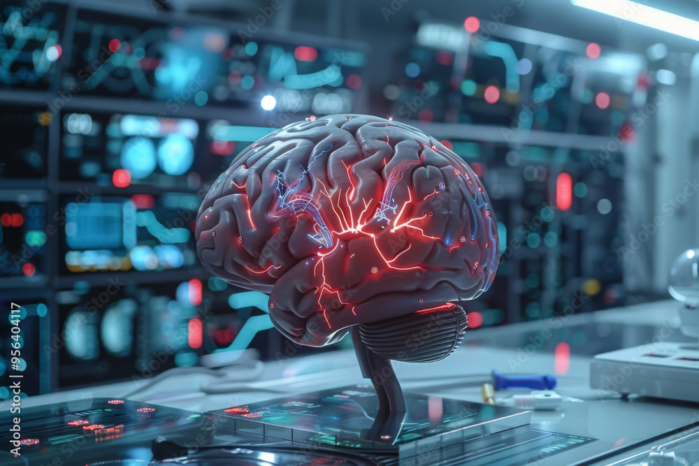 Cybernetic brain interface showing decreasing neural activity ...