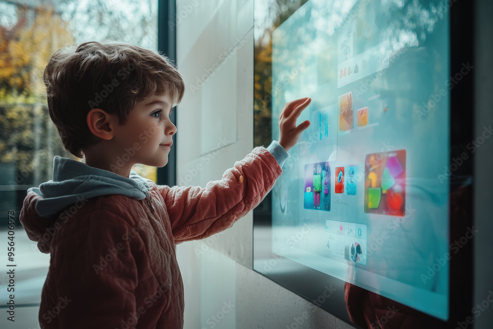 Young boy is captivated by an interactive touchscreen display ...