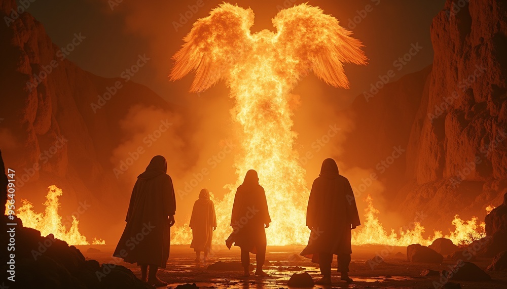 Fiery furnace scene with Shadrach, Meshach, and Abednego surrounded by ...