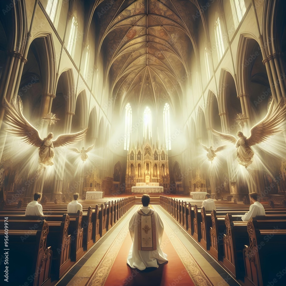 Dynamic Spiritual Scene of a Priest in Enchantment from the Back, with ...