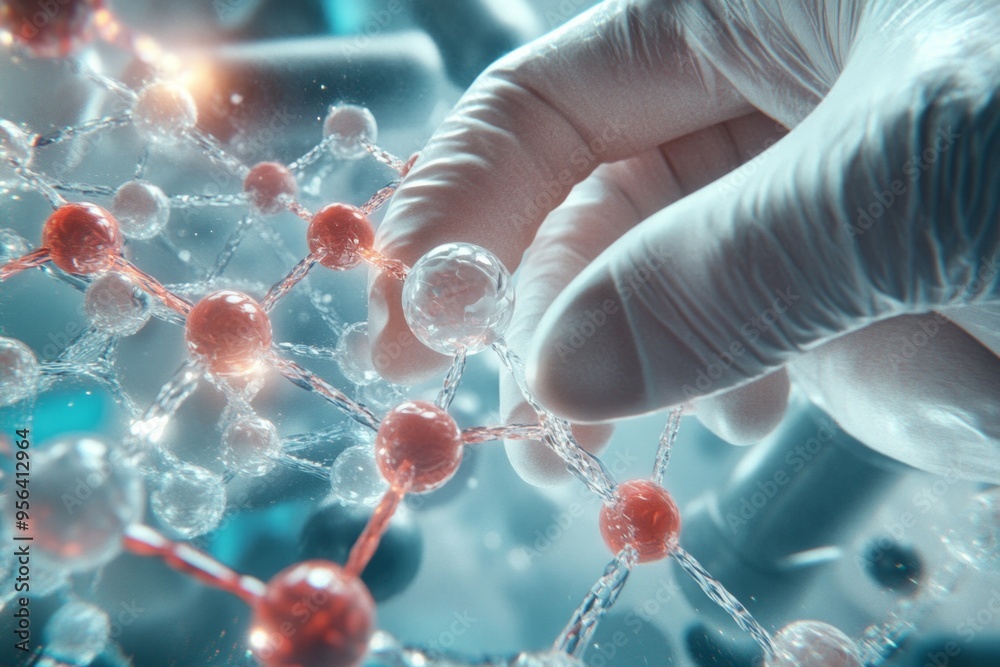 Human hand, carefully holding a single molecule and adding it to a ...