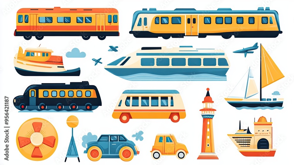 36. A set of graphic elements featuring different types of transport ...