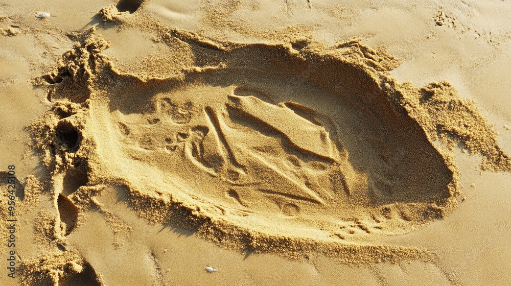 Sand art created by a child on the beach, with simple shapes and lines ...