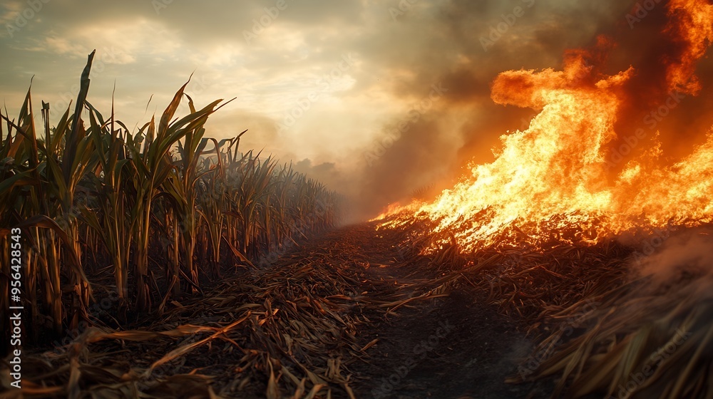 Burning Sugar cane field Saccharum officinarum fields are burned on the ...