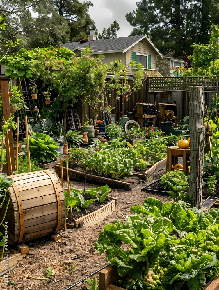 Illustration of A serene, nature-inspired introduction to zero waste gardening, featuring a ...