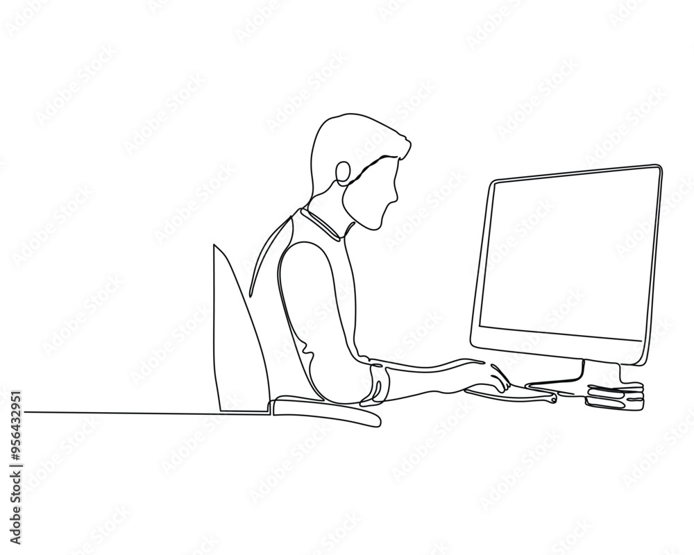 Minimalist line drawing of a person working on a computer at a desk ...