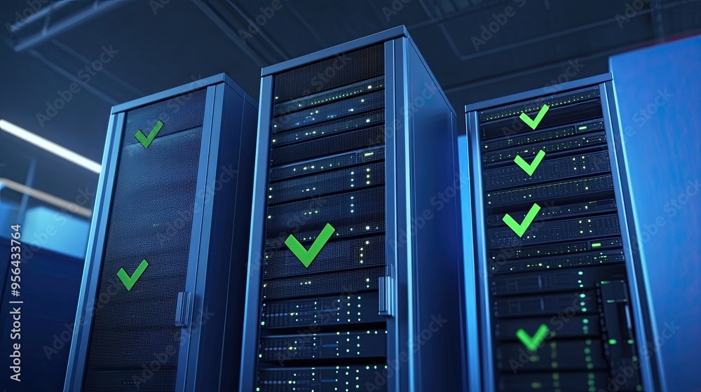 Four Server Racks with Green Check Marks Indicating Operational Status ...