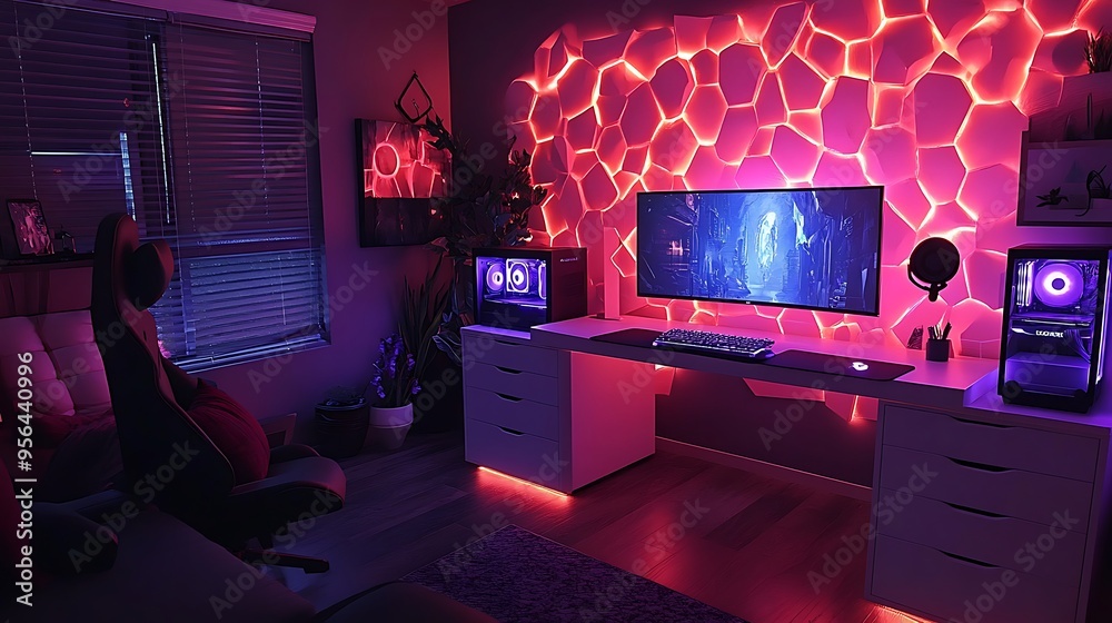 A dreamlike gaming room, with floating furniture and walls covered in ...