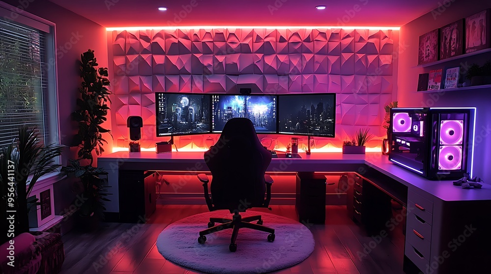 A dynamic RGB gaming room, with vibrant, customizable lighting that ...