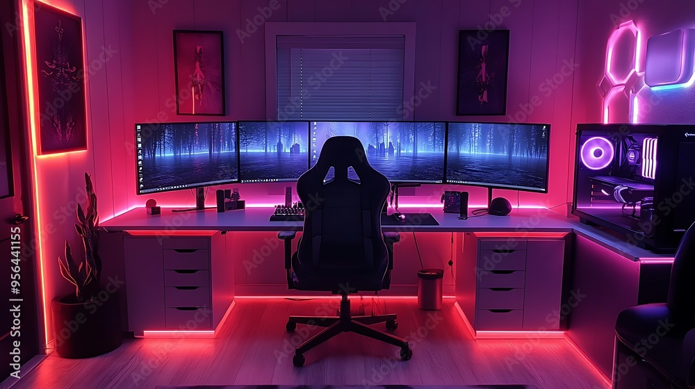 A dynamic RGB gaming room, with vibrant, customizable lighting that ...