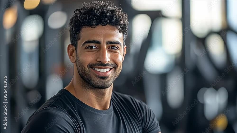 A muscular man with a broad smile looks directly at the camera. He is ...